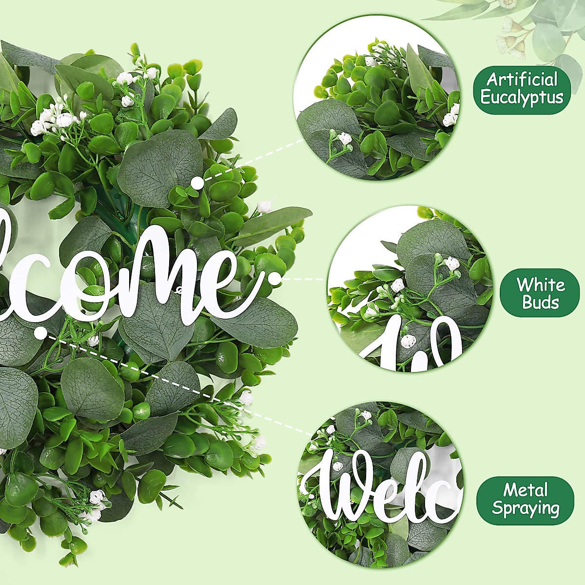 Artificial Eucalyptus Wreath with Welcome Metal Sign for Front Door 13" Faux Green Leaf Hanging Decor Farmhouse Porch Patio Garden Wedding Party Celebration Wall Home Table St Patricks Day Decoration