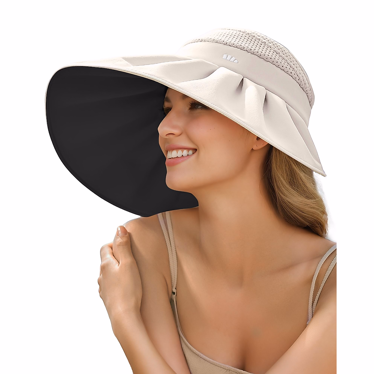 BENEUNDER Large Brim Foldable Sun Visor for Women UPF50+ UV Protection (Beige)