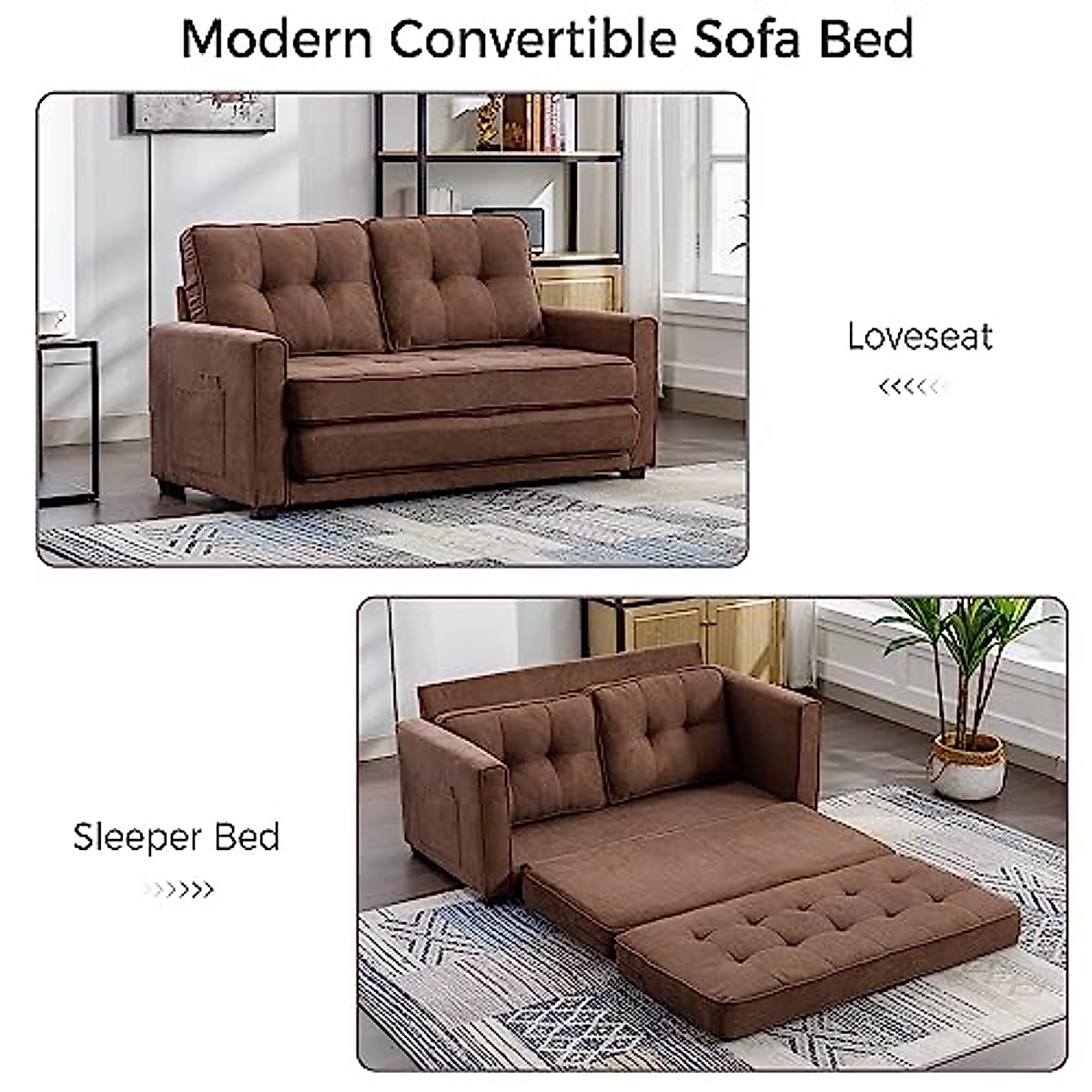 Lifeand Modern Upholstered Couch with Side Pocket for Living Room Office 59.4" Loveseat Sofa with Pull-Out Bed, Brown