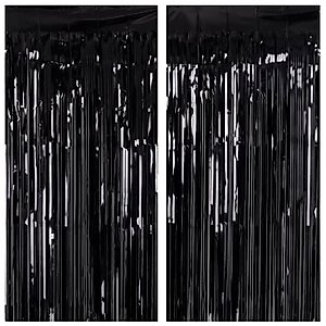 2 Pack 3.2ft x 8.2ft Black Tinsel Foil Fringe Curtains, Metallic Foil Tinsel Photo Booth Backdrop Streamer for New Years Decorations Halloween Bachelorette Birthday Holiday Celebration Party Supplies