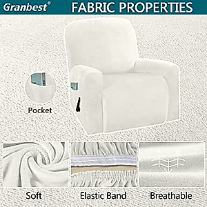 Granbest Velvet Plush Recliner Chair Cover High Stretch Recliner Slipcover Furniture Protector with Pockets(Creamy White)