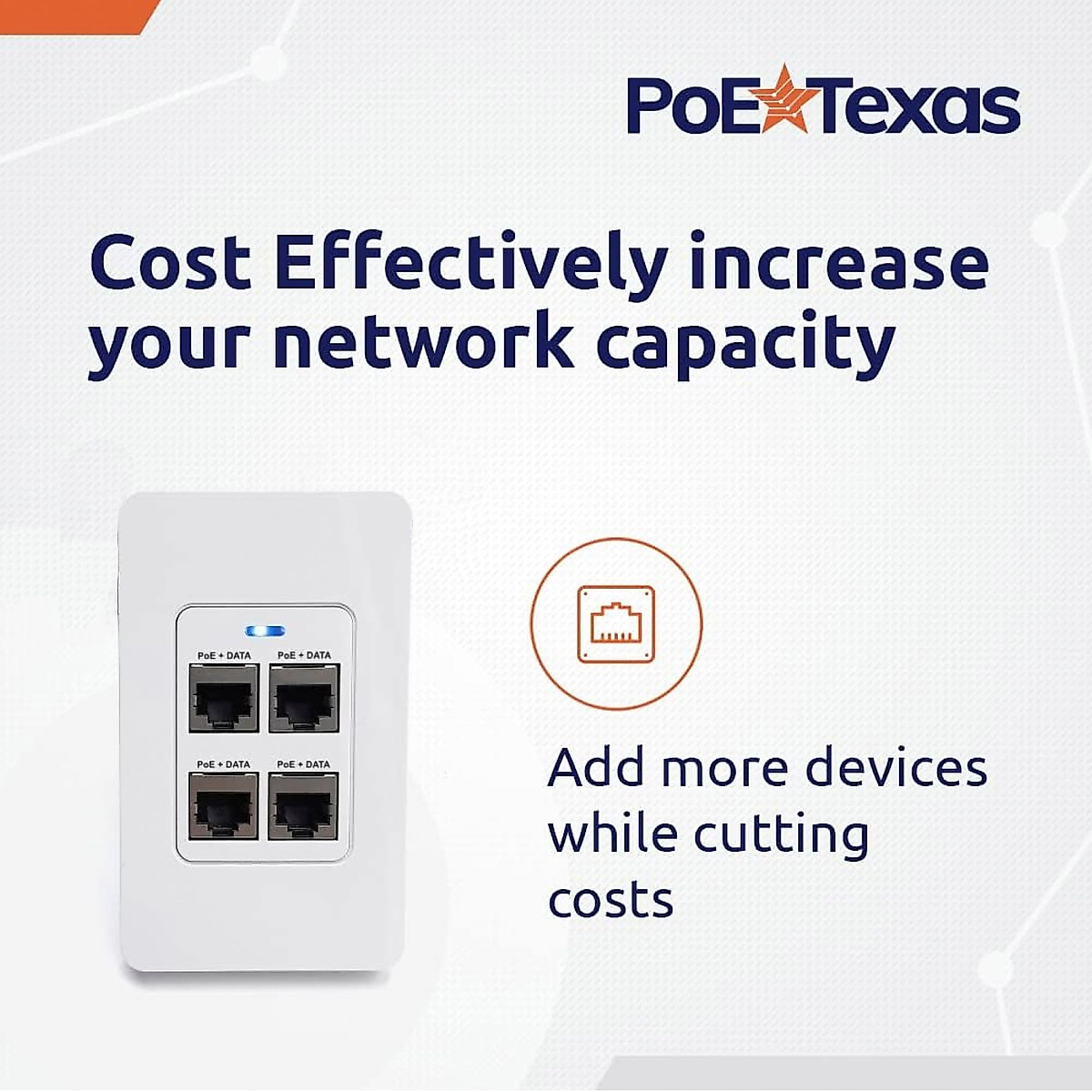 PoE Texas 4 Port Inwall Gigabit PoE Extender - Power Over Ethernet in-Wall Switch Plate with IEEE 802.3bt Uplink & Full Passthrough VLAN, Extend WiFi Access Point, Computer Network, VoIP & More