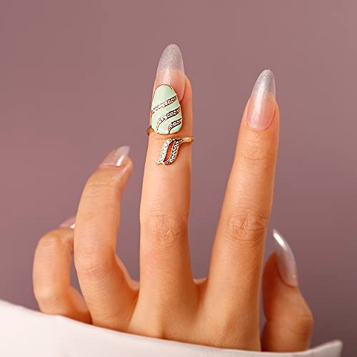 Rumtock Knuckle Nail Ring Mint Nail Protecting Ring with CZ Crystal for Women Girls Finger Tip Manicure Jewelry