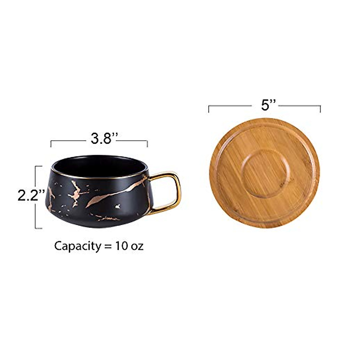 Jusalpha 10 oz Golden Hand Print Tea Cup And Saucer Set/Coffee Cup And Bamboo Saucer Set TCS19 (Black)