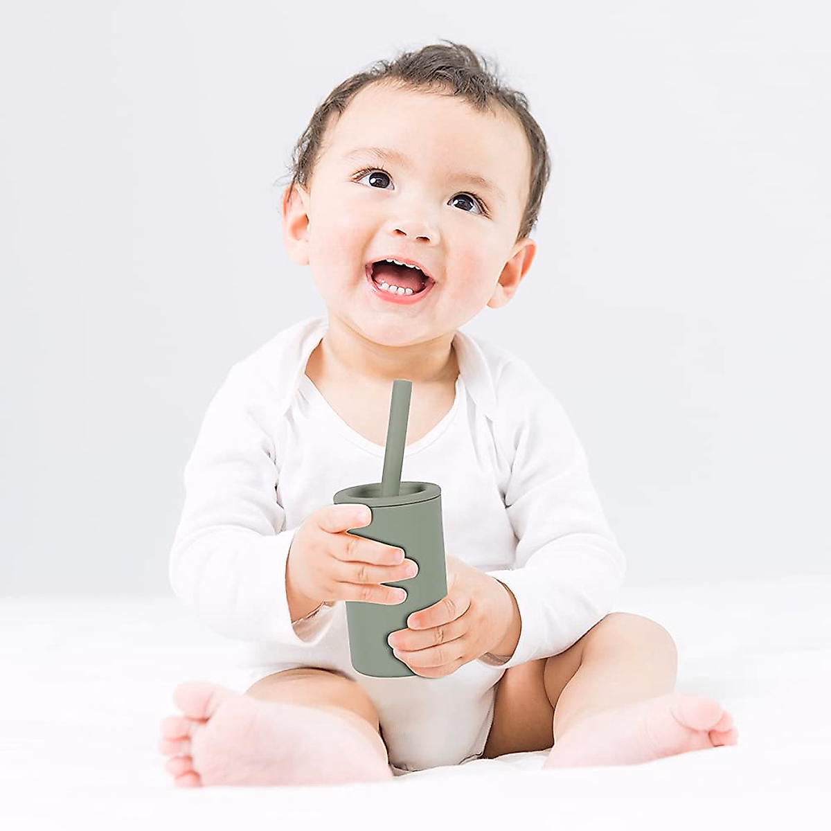 TOPGOMES Toddler Straw Cup, Food Grade Silicone Training Cup for Baby, Come with Straw Brush, BPA Free, 7 oz (Sage)