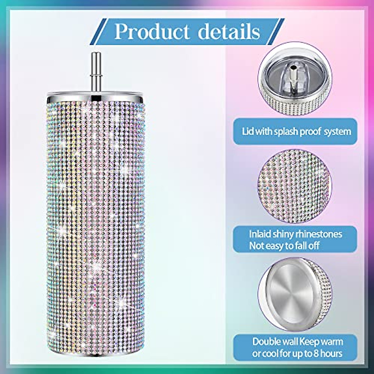 Tessco Bling Cups Rhinestones Tumbler with Straw Glitter Water Bottle Stainless Steel Straw Tumbler Insulated Bling Cup with Lid and Brush for Women (Colorful,20 Oz)