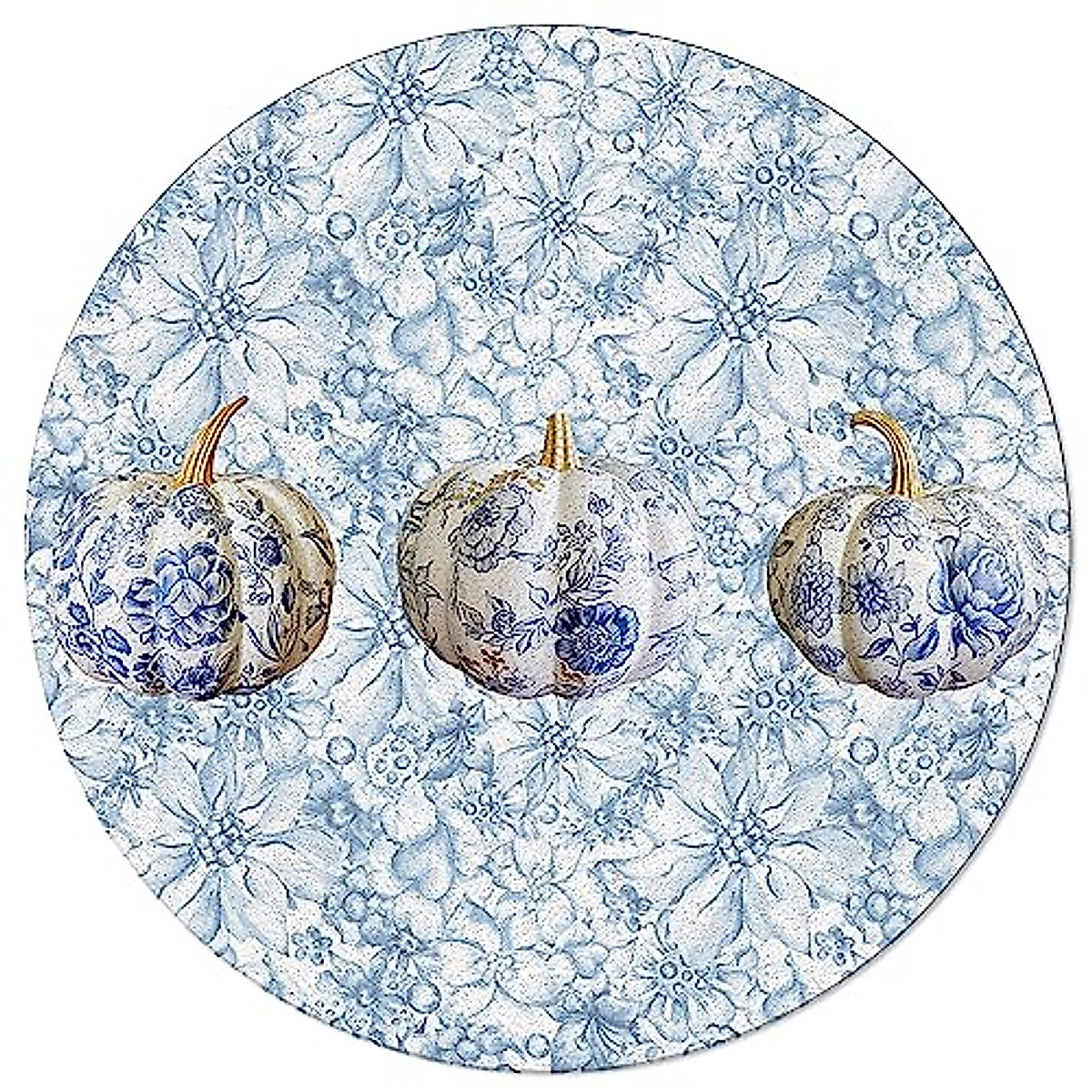 Thanksgiving Round Area Rug 3ft,Washable Outdoor Indoor Carpet Runner Rug for Bedroom,Kitchen,Living Room,Office,Area+Rug Small Bath Door Desk Floor Mat Blue Pumpkins Autumn Oil Painted Tile Flower