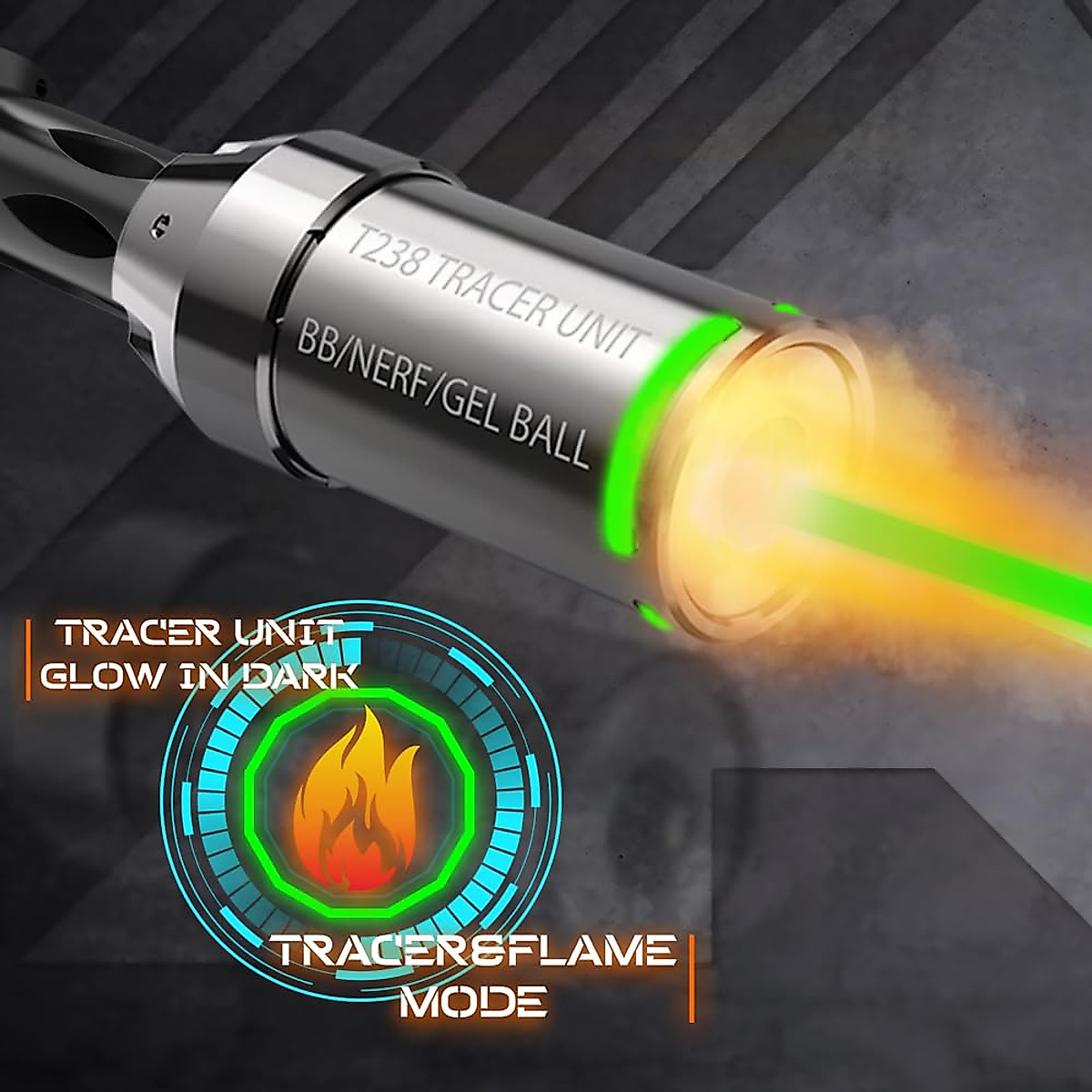 T238-Airsoft Tracer Unit, Spitfire Tactical Tracer Unit for Airsoft/NERF/Gel Blaster, 14mm Counterclockwise Threaded Adapter, 19mm to 16mm Adapter and Allen Key (Fluorescent, Silver)