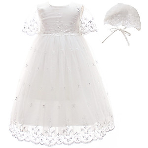Glamulice White Baby Girls Christening Baptism Tulle Dresses 3-6 Lace Floral Embroidered Newborn Birthday Party Wedding Gowns Infant Photo Shoot Communion Pageant Outfits Dress & Bonnet & Shoes 3M