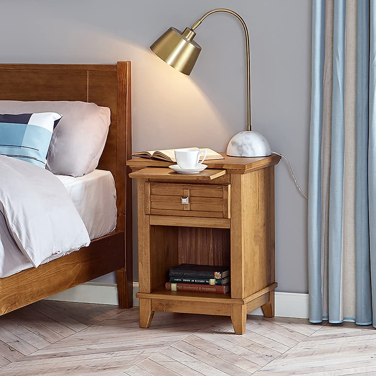 MUSEHOMEINC Rustic Wood Nightstand/End Table with Drawer, and Pull-Out Tray/End Table for Bedroom Open Cabinet Storage Home Furniture,Teak Finish