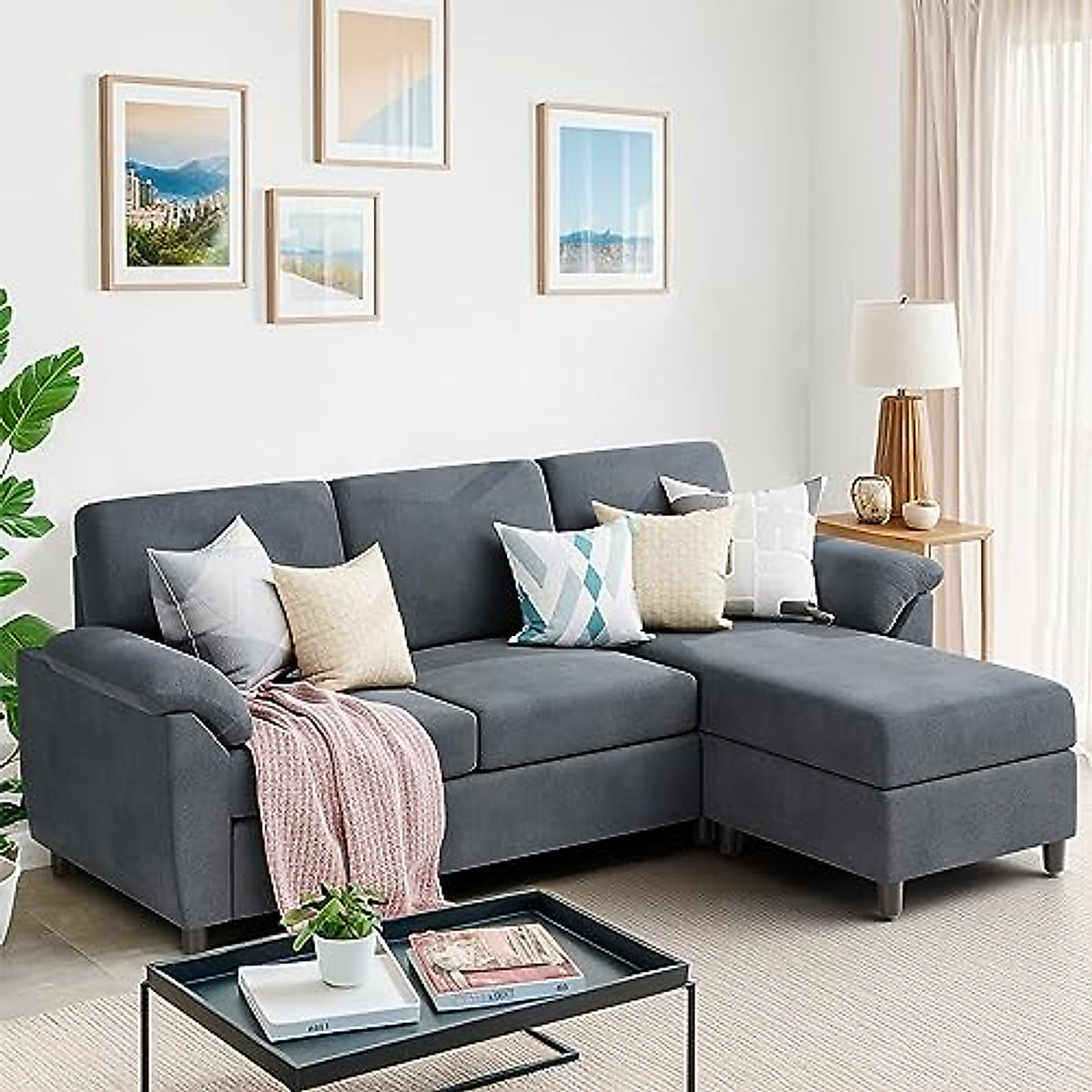 Meilocar 79” Modern Sectional Sofa Couch, Convertible L Shaped Couch with Reversible Ottoman, 3-Seat Sofa Sectional with Removable Armrest for Living Room, Apartment, Small Space, Blue Grey