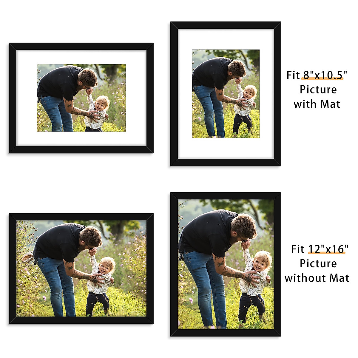 Picrit 12x16 Picture Frame Set of 12, Display 8.5x11 with Mat or 12x16 Without Mat, Photo Frames for Wall Mounting Display, Black.