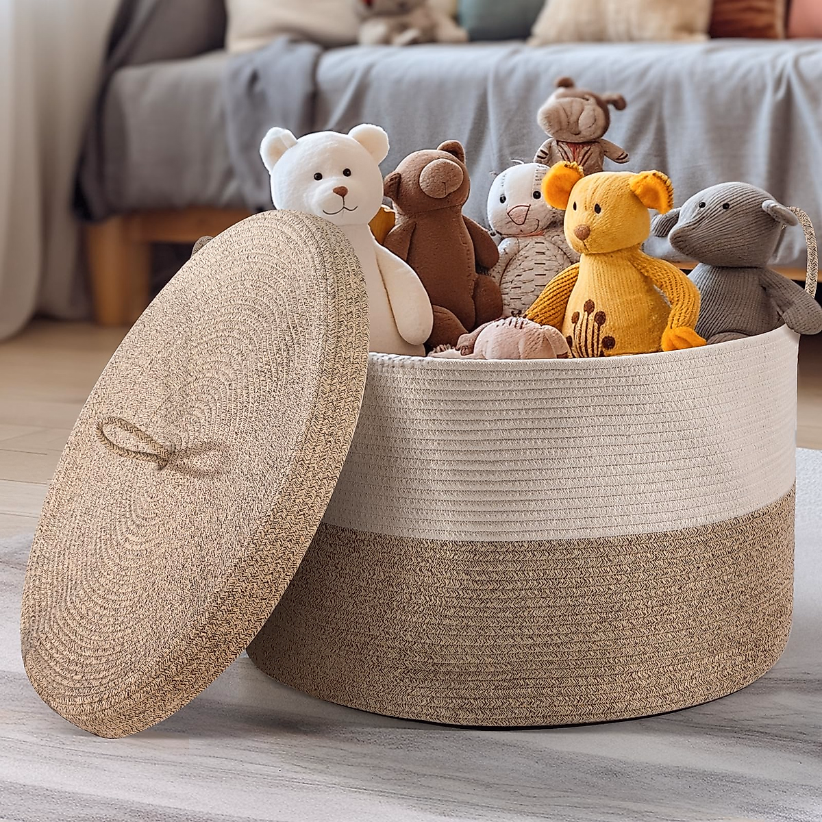 noonkty Blanket Basket, 21.7"X21.7"X13.8" Cotton Rope Basket, XXL Large Basket with Handle, Blanket Basket Living Room, Stuffed Toy Basket, Laundry Basket, Storage for Towels Pillow, Brown (with Lid)