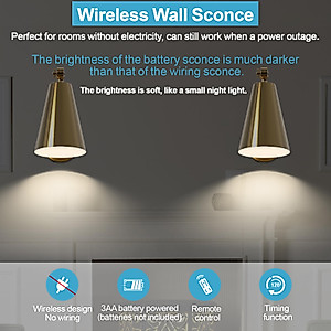 Tovmey Battery Operated Wall Sconce Big Size, Long Arm Wall Sconces Set of Two Battery Operated, Adjustable Angle Wireless Wall Sconce No Wiring, Dimmable Gold Wall Sconces Battery Operated for Room