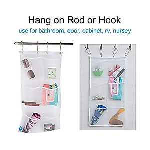 Bsagve 3 Pack Hanging Mesh Shower Caddy Organizer with 6 Pockets, Shower Curtain Rod/Liner Hook Fabric Storage Bag Bathroom Door Hanger, Dorm RV Space Saving, Kids Bath Toy Organizers with 4 Rings