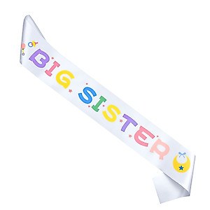 SGKUED Big Sister to be Sash for Baby Shower Party Decorations White, Multicolor Cute Letters 'Big Sister' Satin Sash for Welcome Baby Party Supplies, Big Sister Sash, White