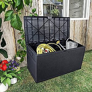 120 Gallon Large Resin Deck Box, Outdoor Organization Storage Container, Garden Storage Chest Lockable Seat for Patio Furniture, Tools (Black)