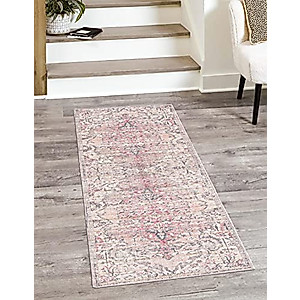 Rugs.com Nostalgia Washable Collection Rug – 2' 7 x 12' Runner Beige Pink Flatweave Perfect for Hallways, Entryways
