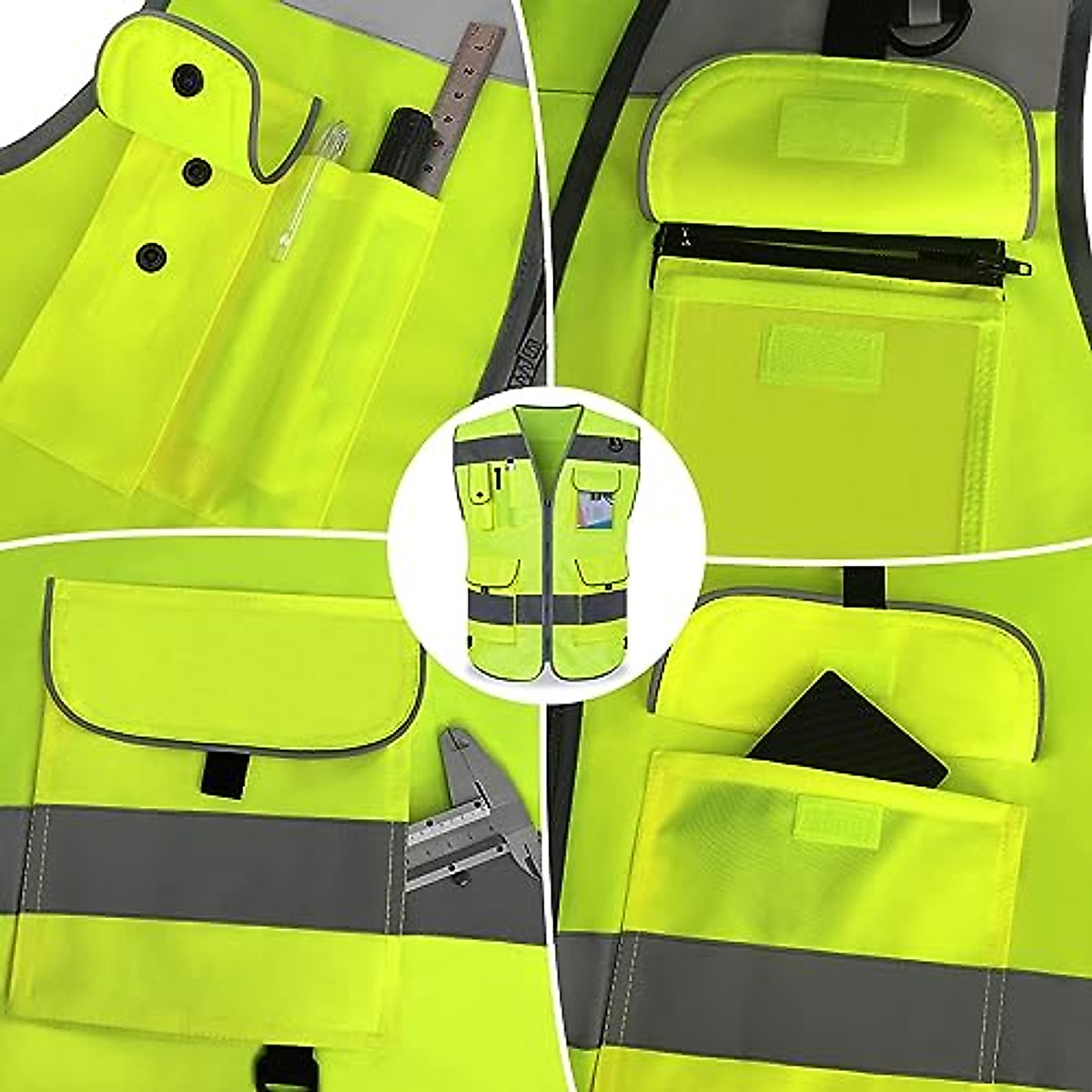TCCFCCT High Visibility Vest 9 Pockets Reflective Safety Work Vest for Men Women, Hi Vis Construction Vest with Reflective Strips, Meets ANSI/ISEA Standards, (Yellow, Large)