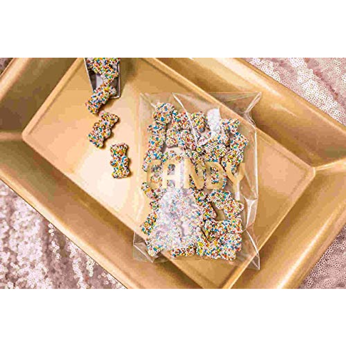 Sweet Details Party Co. Cellophane 'Candy' Bags (100 Pack) Gold & Clear Goodie Bags for Candy Bar & Buffet Gifts- Wedding/Birthday Party Favor Bags- Self-Sealing & Resealable Adhesive - NO Ties!