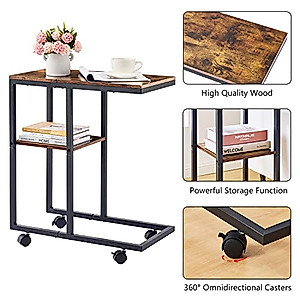 Hoctieon C Shaped End Table, Slim Side Table, Small End Table with Wheels, Snack Side Table with Storage, Sofa Table, for Living Room, Sofa, Couch, Bedroom, Vintage, Rustic Brown