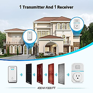 TECKNET Self-Powered Wireless Doorbells for Home, 1300ft No Battery Need Waterproof Door Bell Push Button Chime Kit, Cordless Plug in Classroom Doorbell with 32 Chimes/LED Light/5-Level Volume
