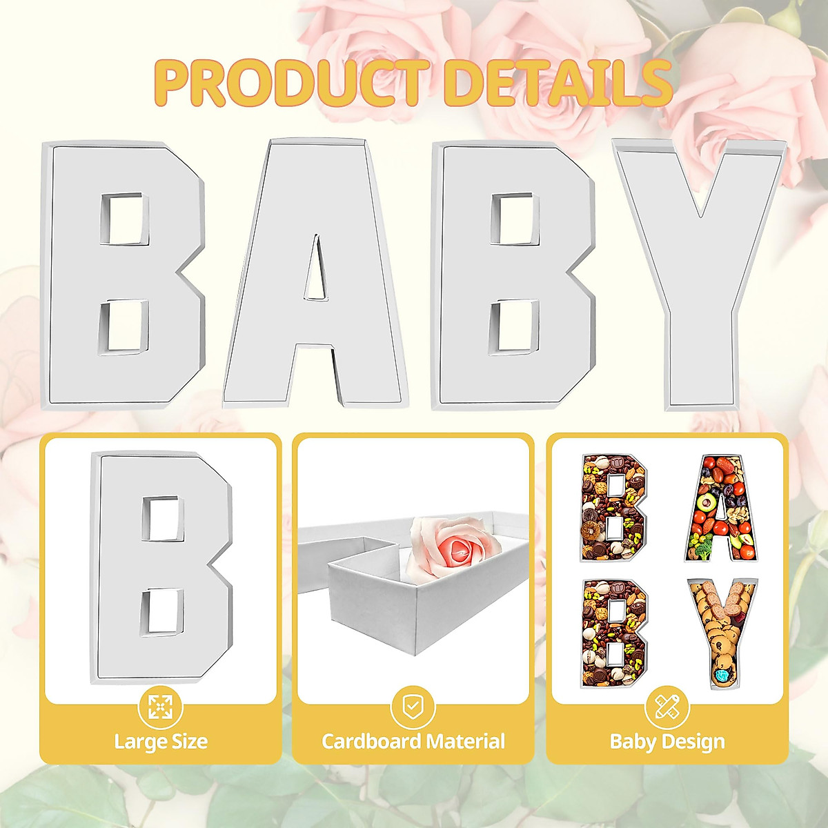 KitChocoLot Baby Charcuterie Board Letters, 10 Inch, 4 Pack Fillable Cardboard Letter Boxes, White Letter Trays for Food Chocolate Candy On Baby Shower, Birthday and Gender Reveal Decoration