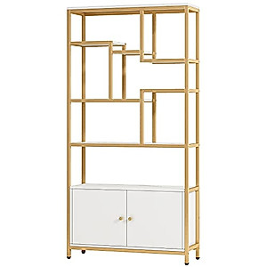 Tribesigns White Gold Bookshelf Bookcase with Doors 74 Inches Tall Bookshelf, Modern Gold Bookshelf 6 Tier Display Shelf Etagere Bookcase Narrow Metal Bookshelf for Living Room, Bedroom, Office