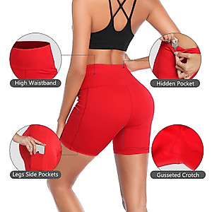 DAYOUNG Women Yoga Shorts High Waist Tummy Control Workout Biker Running Athletic Compression Short with Pockets Y27-Red-M