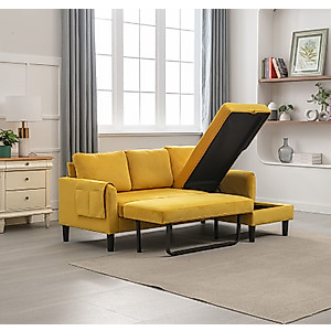 Modern Velvet Pull Out Sleeper Sofa Bed with Chaise, Comfy L Shaped Convertible Sleeper Couch with Storage and Pocket, Sectional 3 Seat Couch for Living Room Furniture or Office, Smooth Back - Yellow