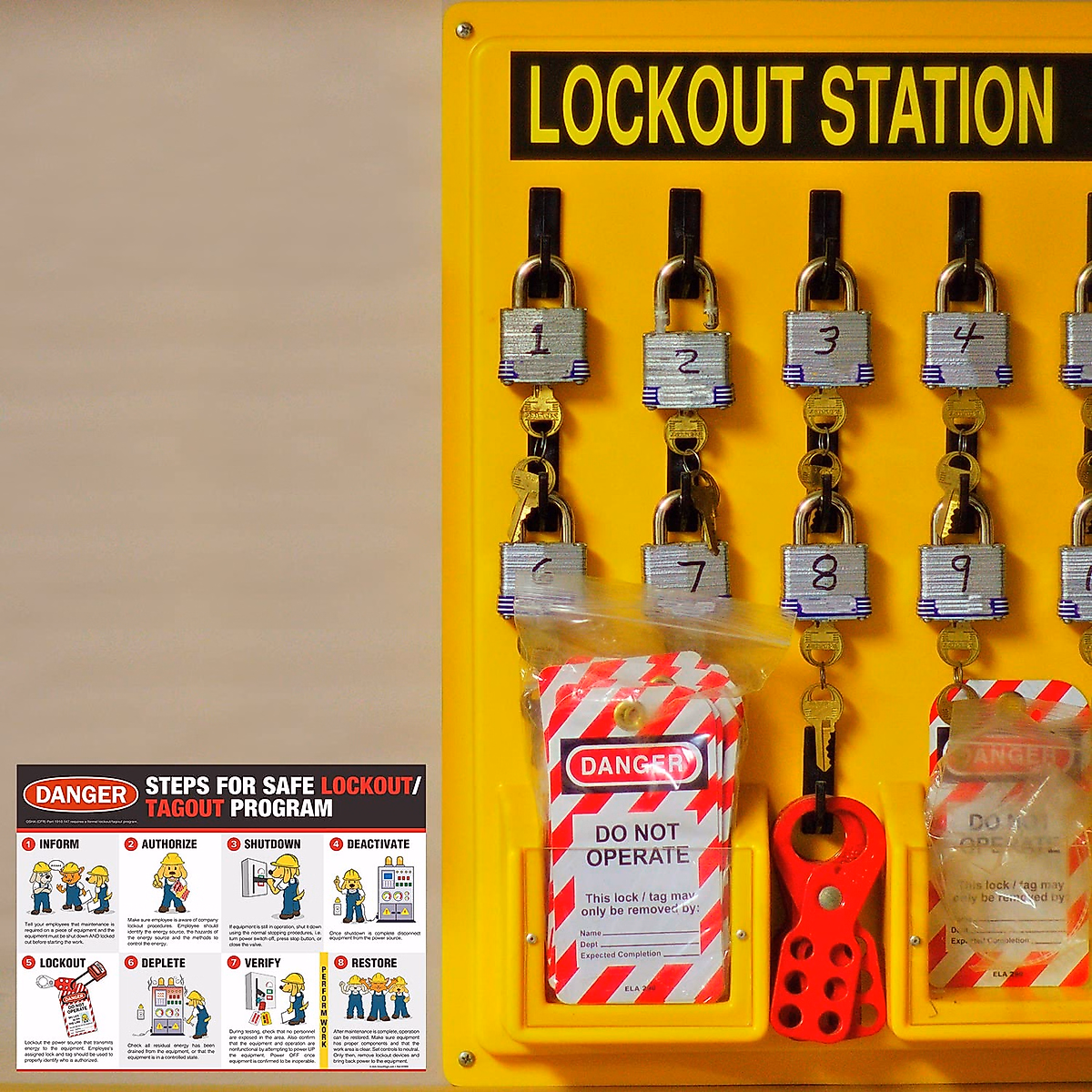 SmartSign 18 x 24 inch Funny Lockout/Tagout Safety Wall Sign/Poster 'Danger - Steps For Safe Lockout/Tagout Program' 14 mil Reinforced PVC Fabric, Adhesive Backing, Pebbled Texture, USA-Made