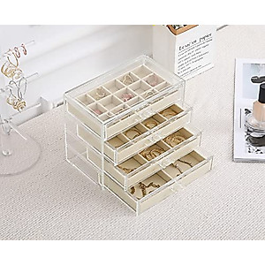 misaya Earring Jewelry Organizer Box, Large Acrylic Jewelry Organizer with 4 Drawers, Clear Velvet Earring Holder Organizer for Earrings, Rings, Necklace, Beige