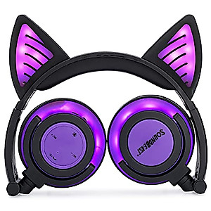 SoundBeast Bluetooth Cat Ear Headphones with Glowing Purple Lights - Wireless Headphones for Kids & Adults