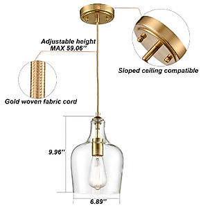 HYDELITE Modern Brushed Gold Pendant Light Fixtures Clear Glass Adjustable Cord Hanging Light for Living Room Kitchen Island Chandelier with Bell Shape