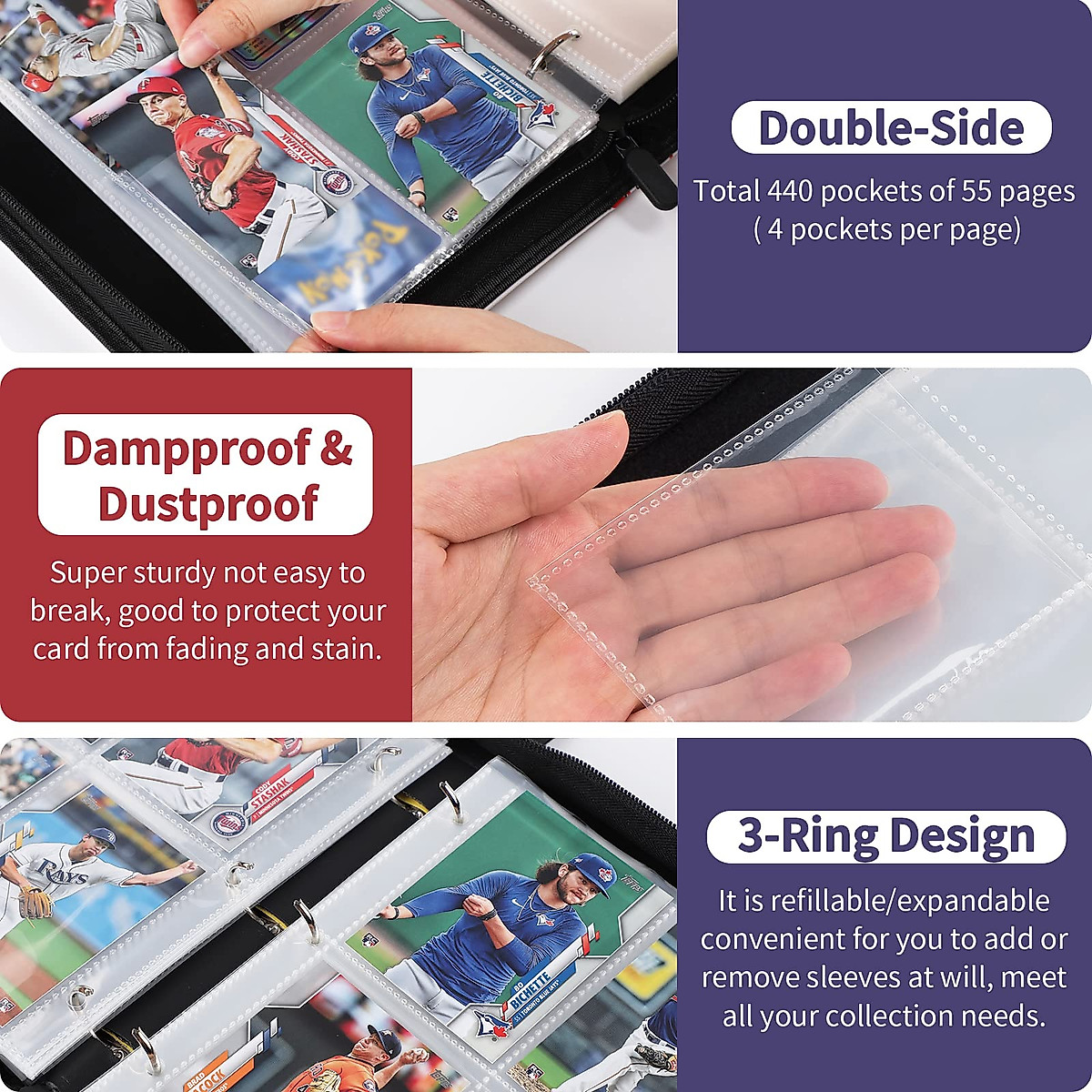 Baseball Card Binder with Sleeves 440 Pockets, Gifts for Baseball Card Collectors, Trading Card Holder Compatible with Topps Card, 55 Sleeves Card Album Card Storage Organizer