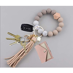 Sither Silicone Keychain Ring for Women Cute Keyring Bracelet Bangle with Tassel Car Keychain Holder for Mom Gift (khaki)