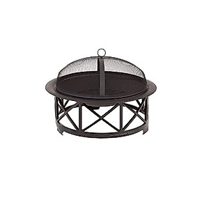 Fire Sense 60904 Fire Pit Portsmouth Decorative Powder Coated Steel Base Wood Burning Portable Outdoor Firepit Backyard Fireplace Included Vinyl Cover & Screen Lift Tool - Black - 30"