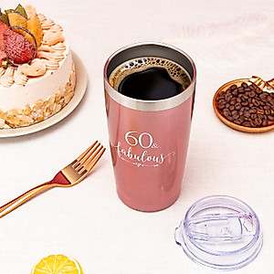 Crisky 60 & Fabulous Vacuum Insulated Tumbler for Women 60th Birthday Gifts for Wife, Mom, Sister, Aunt, Friends, Coworker Her, 20oz Rose Gold Tumbler with Box, Lid