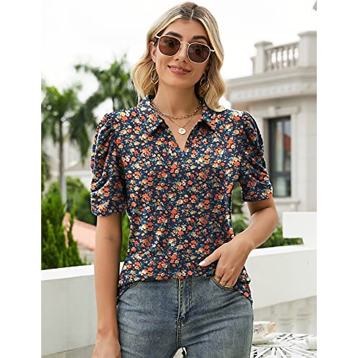LOMON Womens Collared Shirts Puff Sleeve Polo Shirts Short Sleeve Summer Work Tops Navy Blue Floral XL