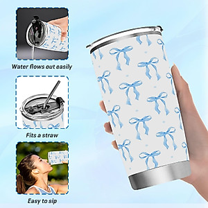 Blueangle 20oz Tumbler with Lid and Straw, Stainless Steel Vacuum Insulated Water Coffee Tumbler Cup, Blue Ribbon Bow Travel Mug Thermal Cup for Hot and Cold Drinks（974）