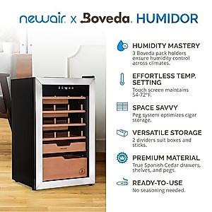 NewAir x Boveda 500 Count Electric Humidor, Spanish Cedar Shelves with Temperature Control, Cigar Humidor Box with Built-In Boveda Humidity Control in Stainless Steel