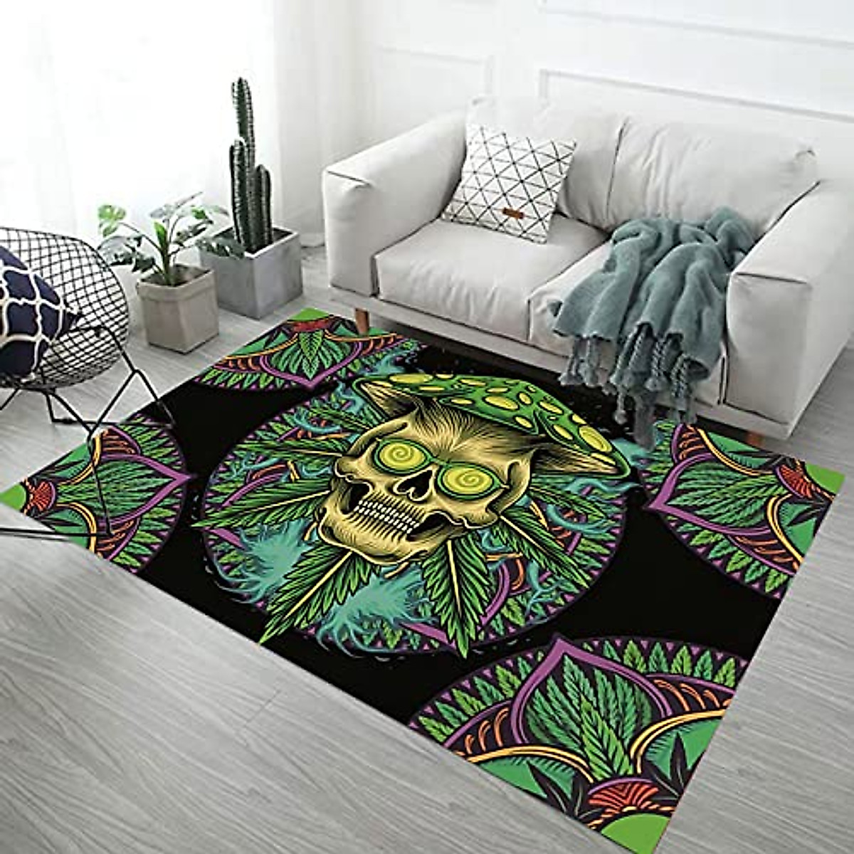 LGGQQW Trippy Weed Psychedelic Mushroom Skull Area Rug Hippie Green Plants Carpet for Bedroom Living Room Decor