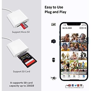 SD Card Reader for iPhone iPad, Apple MFi Certified iPhone SD/Micro SD Card Reader Adapter Cable with Dual Slots for SLR Cameras, Trail Game Camera Viewer, Memory Card Reader for iPhone, Plug and Play