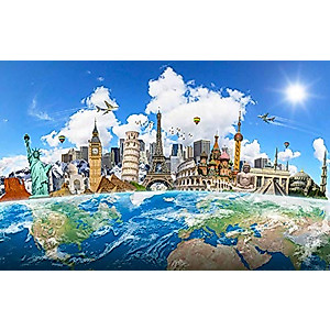 World Map Global Travel Backdrop 7x5ft Worldwide Famous Landmark Buildings Photography Background Newyork and Paris Eiffel Tower Backdrop Wallpaper Photo Booth Studio Props CHE005 LELEZ
