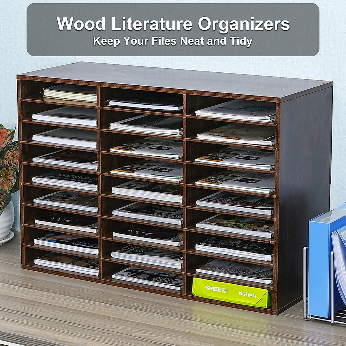 PAG Mail Sorter Organizer, Wood Literature Organizer, Student Mailbox for Classroom, Desktop Bill Paper Organizer for Office Home School, 27 Compartments, Brown