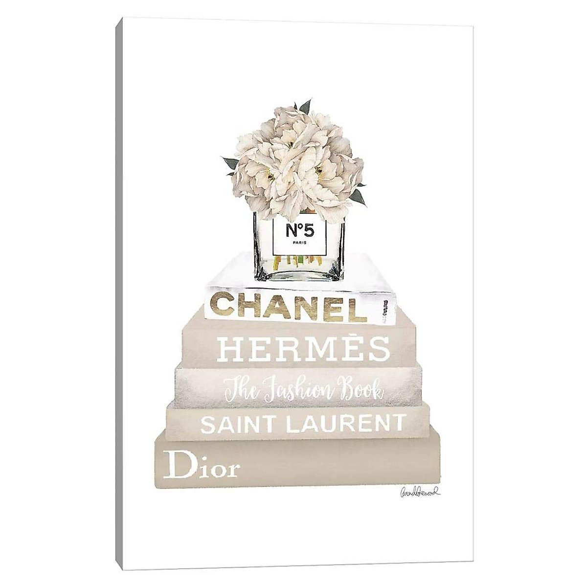 iCanvas GRE245 Cream, Champagne, and Gold Bookstack Topped by Vase with White Peony Canvas Print by Amanda Greenwood, 18" x 12" x 1.5" Depth Gallery Wrapped