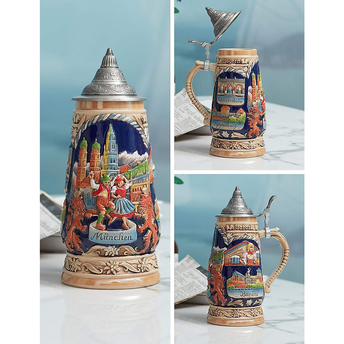 HAUCOZE Beer Stein Mug German Munich Bavarian Drinking Stanley Viking Tankard with Petwer Lid for Birthday Gifts Men Father Husband 1.0Liter