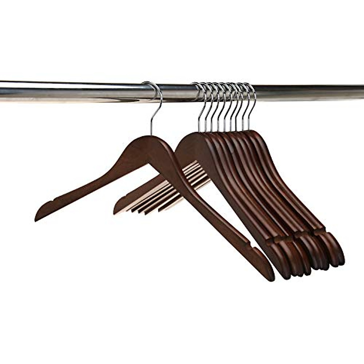 Quality Semi Curved Wooden Suit Hangers, 10-Pack Smooth Finish Solid Wood Coat Hanger with Swivel Hook, Jacket, Pant, Dress Clothes Hangers (Walnut - Chrome Hook, 10)
