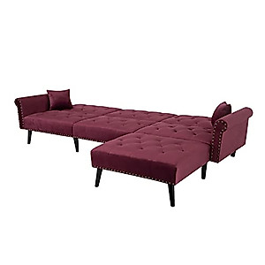 FANYE Red L-Shaped 3 Seater Convertible Sleeper Bed,Corner Velvet Tufted Sectional Sofa & Couch with Reversible Chaise and Nailhead Decor for Home Office Apartment Living Room