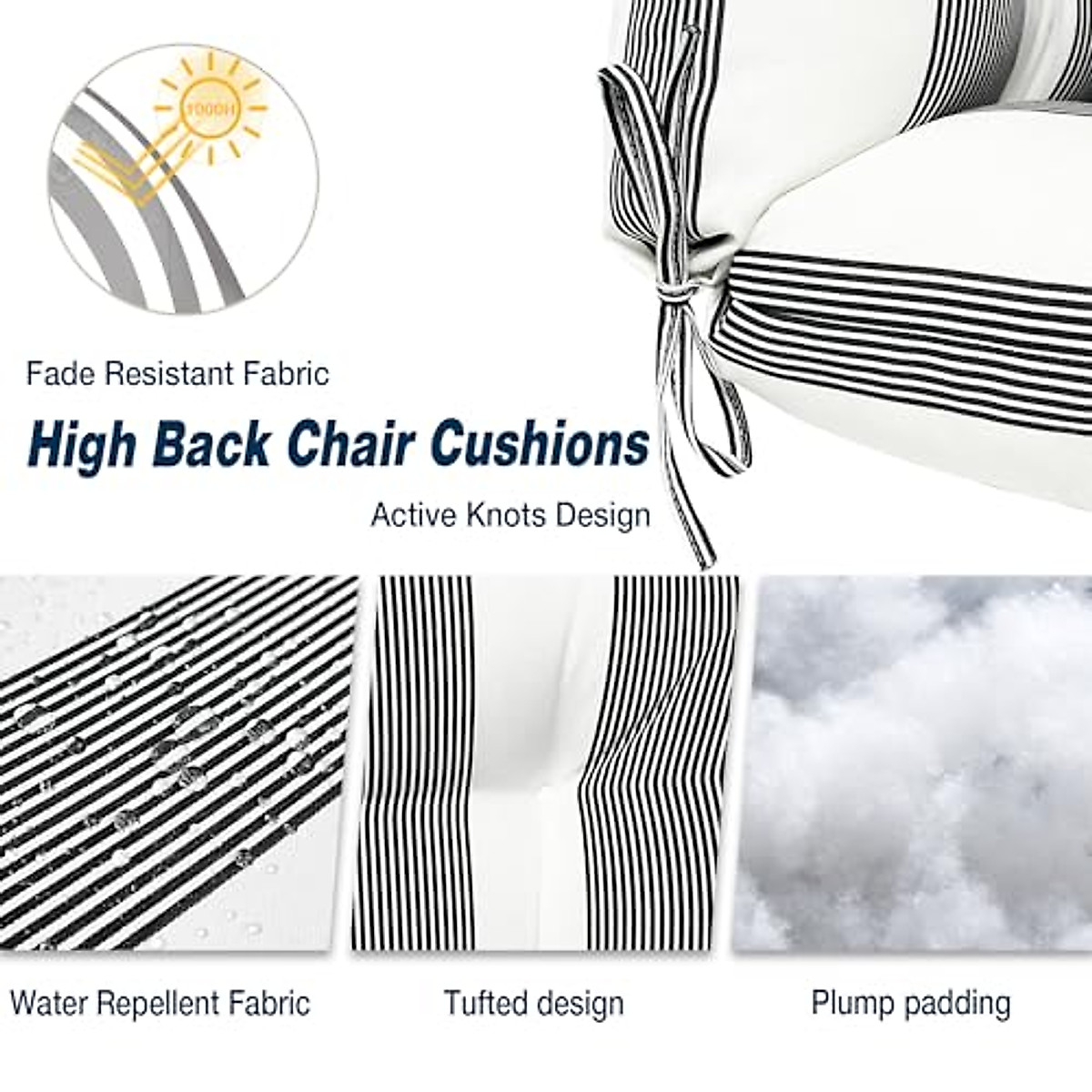 Melody Elephant Adirondack Chair Cushions Set of 2, Water Resistant Outdoor High Back Chair Cushions, Rocking Chair Cushions for Patio Home Garden, 22" W x 20" D, Stripe Cabana Black